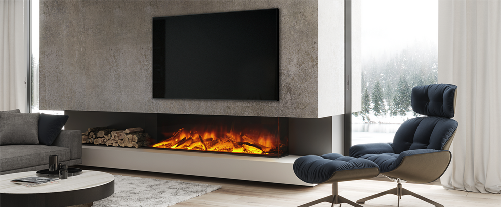 Media Wall with Three-Sided Electric Fire – Focal Point Fireplaces